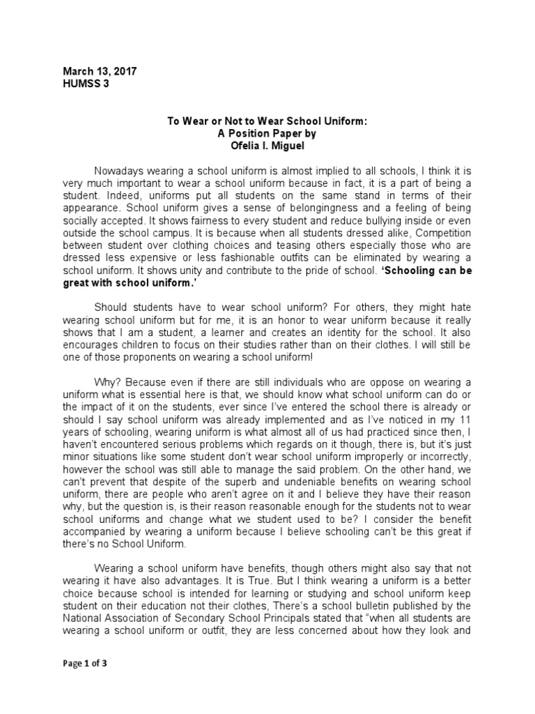 POSITION PAPER To Wear or Not To Wear School Uniform | PDF | Clothing