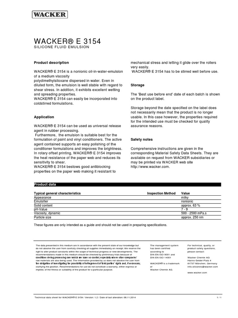 Emulsion - Wacker E 3154 TDS | PDF | Emulsion | Physical Sciences