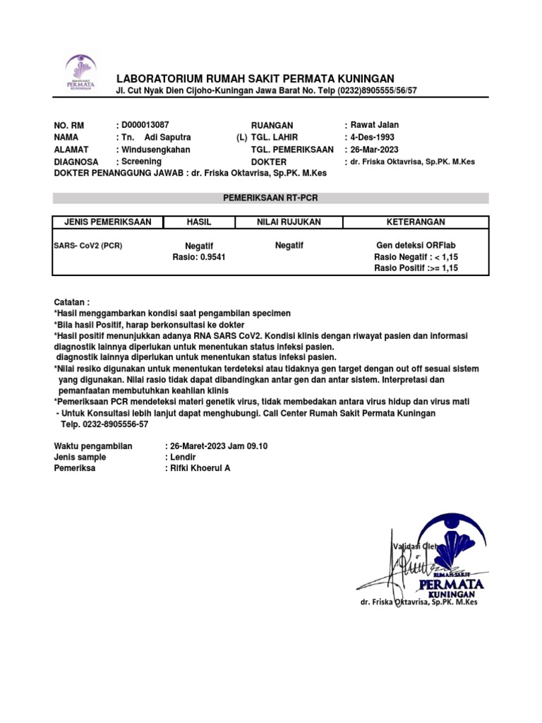 Hasil PCR SARS-CoV2 Negatif di RS Permata Kuningan | PDF