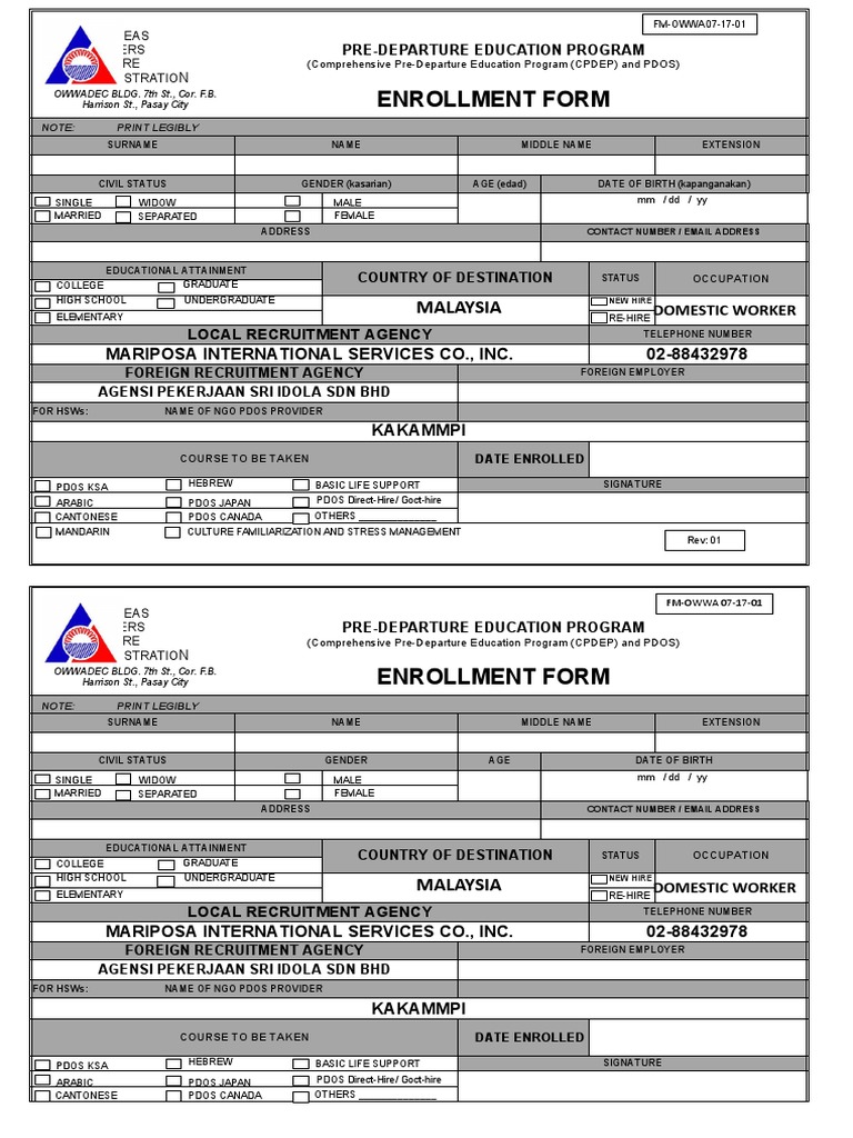 Owwa Enrollment Form For Domestic Workers | PDF | Labor
