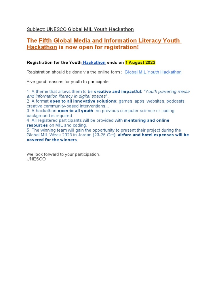 UNESCO Global MIL Youth Hackathon 2023 | PDF