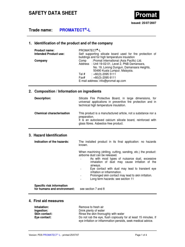 PROMATECT®-L Safety Data Sheet | PDF | Toxicity | Dust