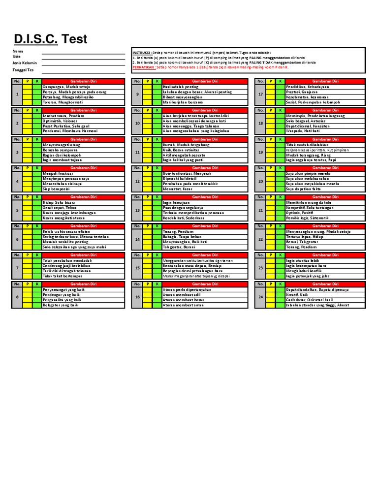 D.I.S.C. Test: PERHATIKAN: Setiap Nomor Hanya Ada 1 (Satu) Tanda (X) Di ...