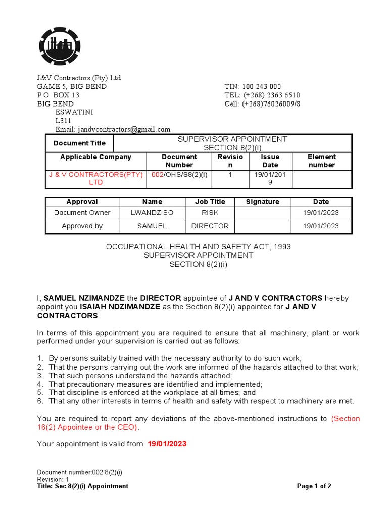 Supervisor Appointment Notice | PDF | Occupational Safety And Health | Business