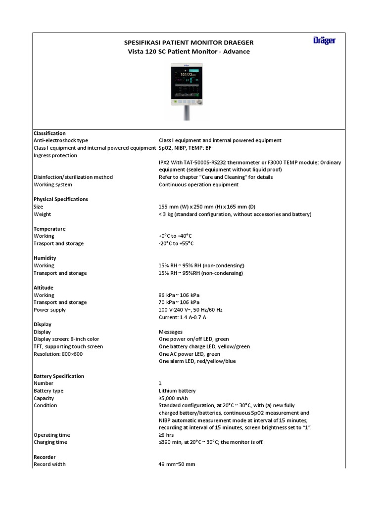 Draeger Vista 120 SC Patient Monitor Specs | PDF