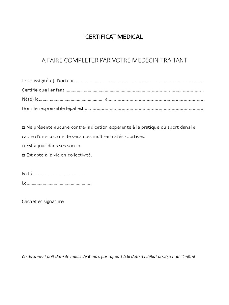 Certificat Médical À Compléter Par Le Médecin | PDF
