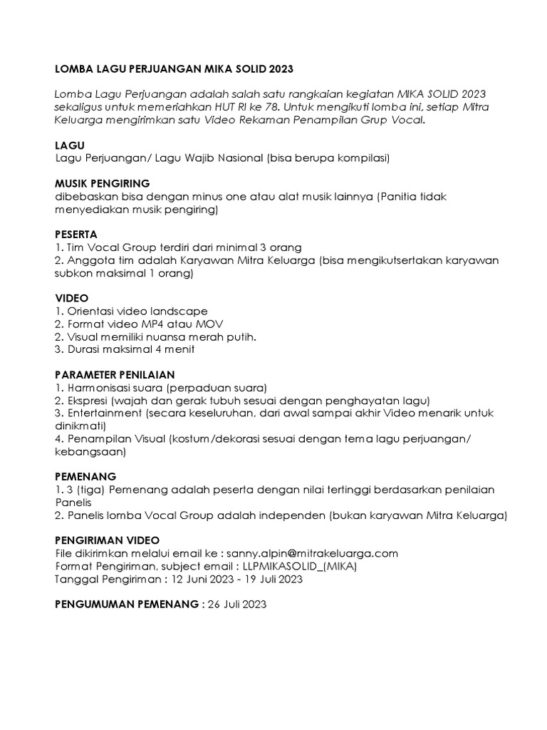 Ketentuan LOMBA LAGU PERJUANGAN MIKA SOLID 2023 | PDF