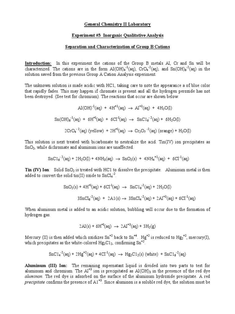CHEM-1100 Exp 3, Group B Cation Analysis | PDF | Precipitation (Chemistry) | Chemical Compounds