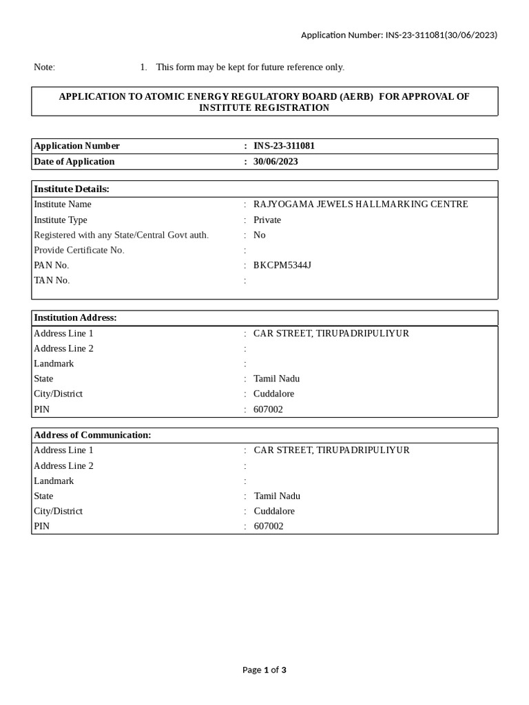 Institute Details:: Application To Atomic Energy Regulatory Board (Aerb) For Approval of ...