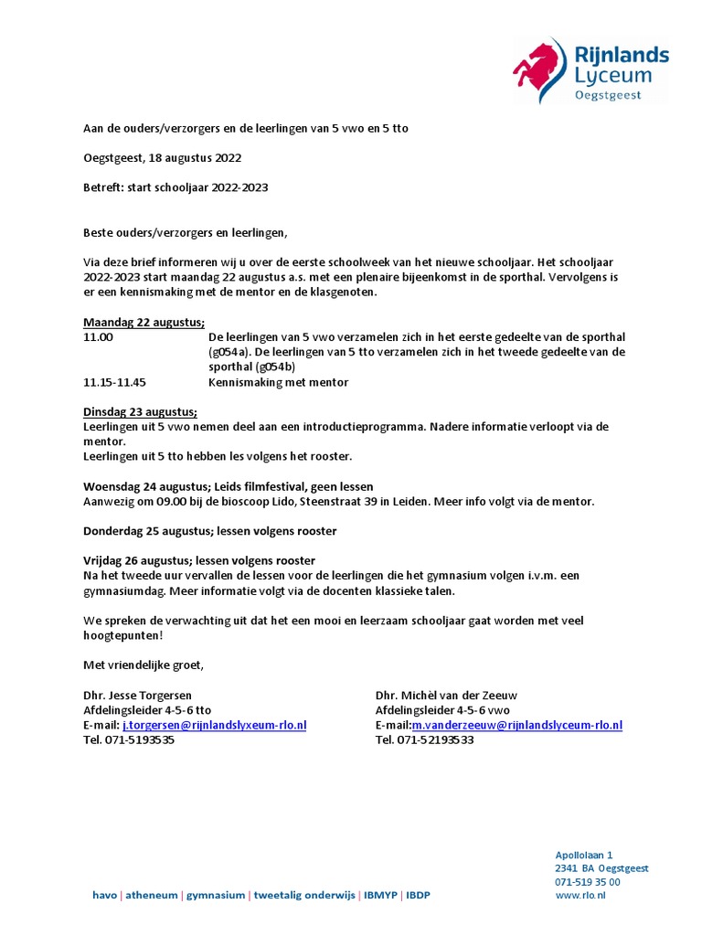Introductie Brief 5 Vwo en 5 Tto 2022-20239052385198047145717 | PDF