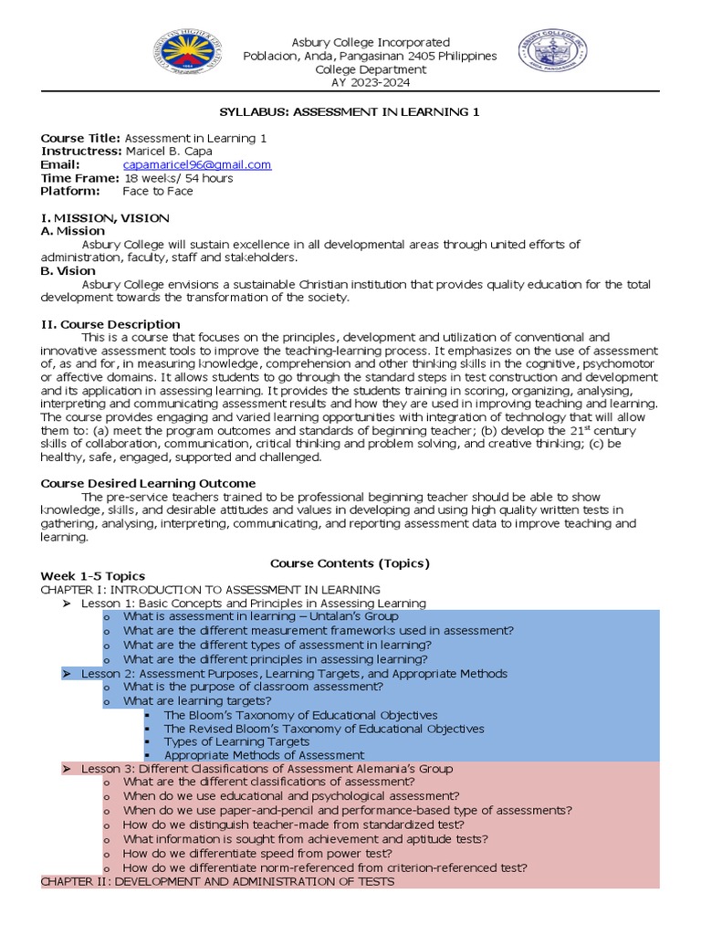 Assessment in Learning 1 Syllabus | PDF | Educational Assessment | Learning