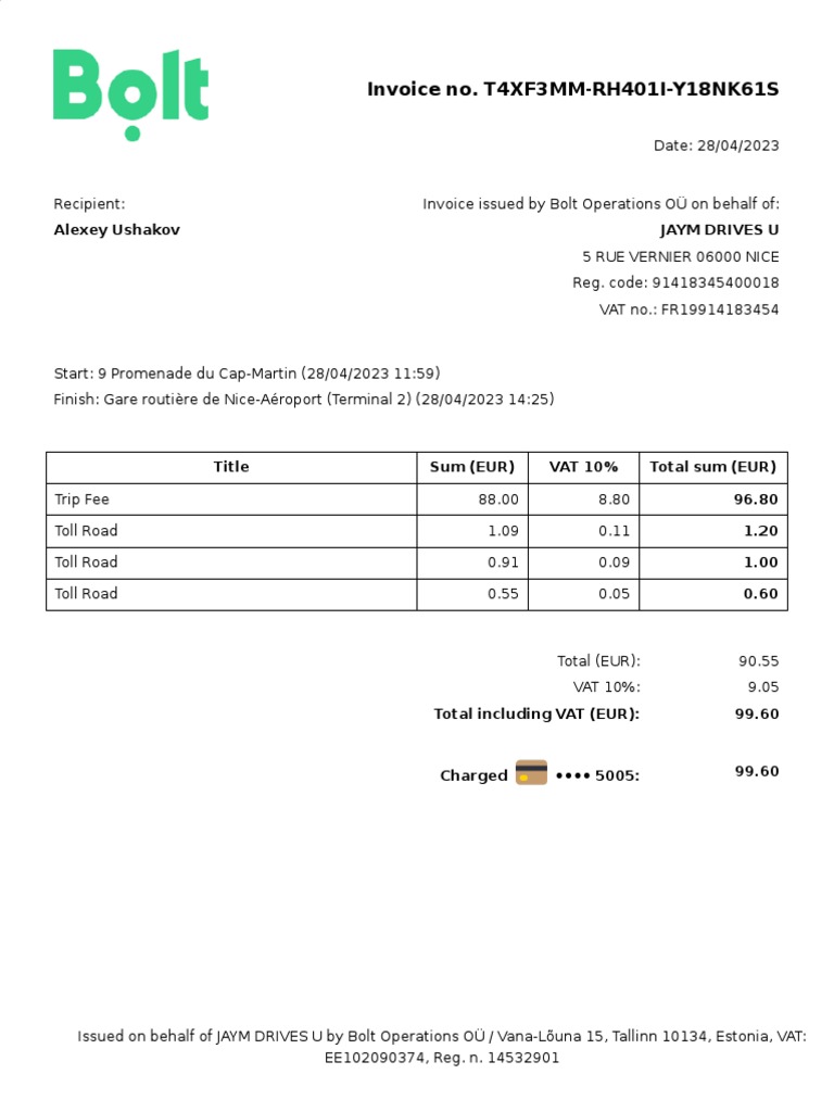 Ride Invoice From Bolt | PDF