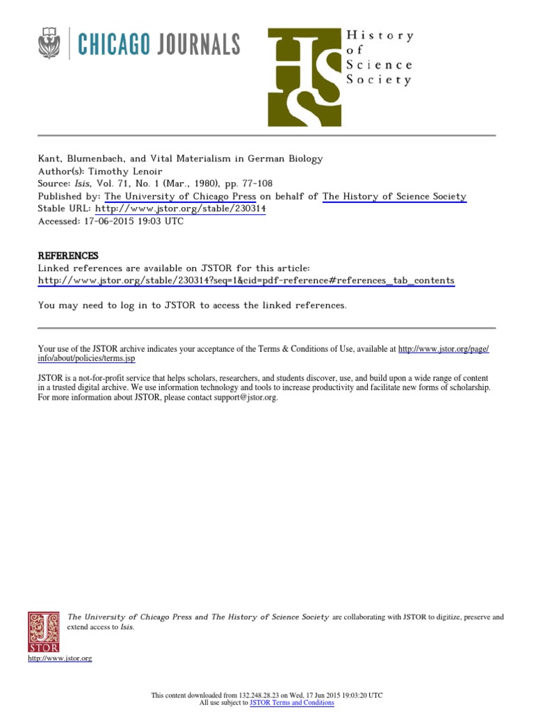 Lenoir, Timothy, Kant, Blumenbach, and Vital Materialism in German ...
