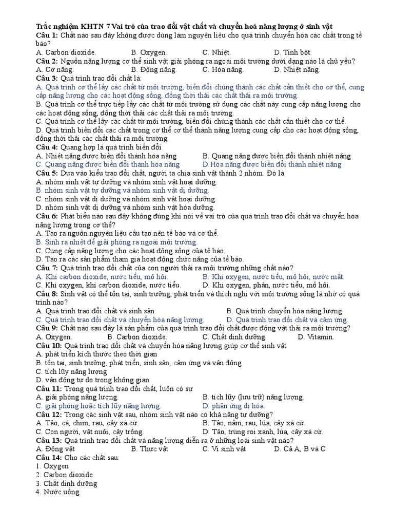 Trắc nghiệm KHTN 7 Vai trò của trao đổi vật chất và chuyển hoá năng lượng ở sinh vật | PDF