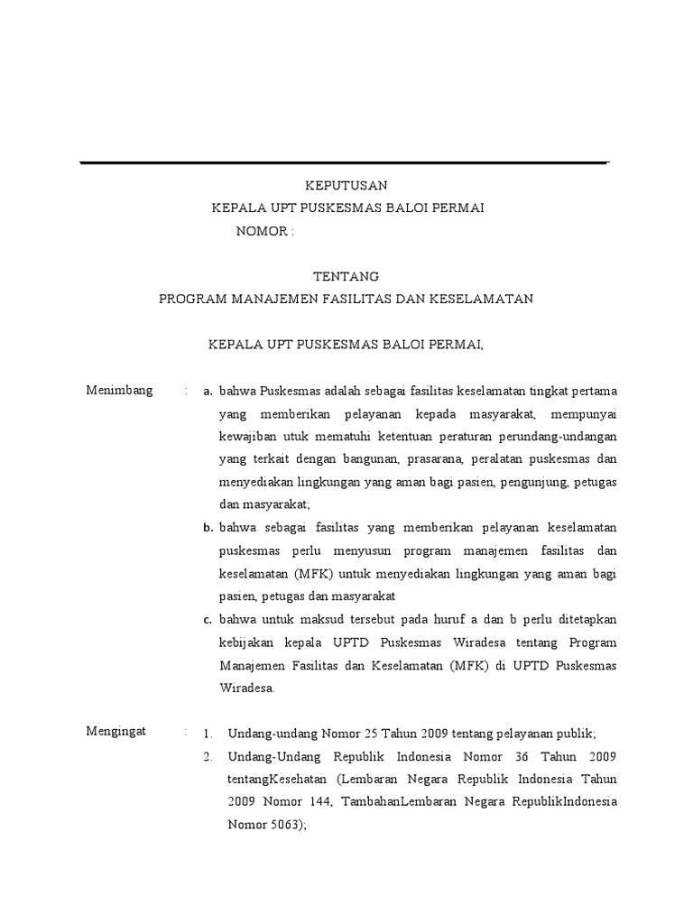 1. SK TIM MANAJEMEN FASILITAS DAN KESELAMATAN (MFK) | PDF