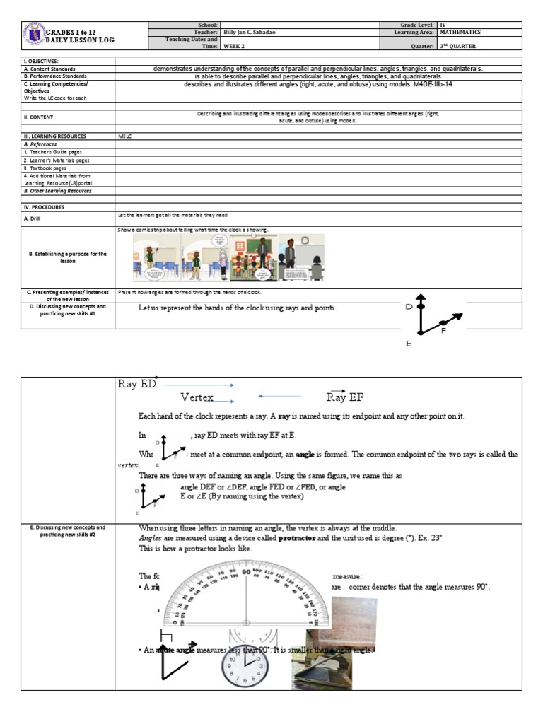 DLL - MATHEMATICS 4 - Q3 - W2 For Pixton Comic Making | PDF | Angle | Perpendicular