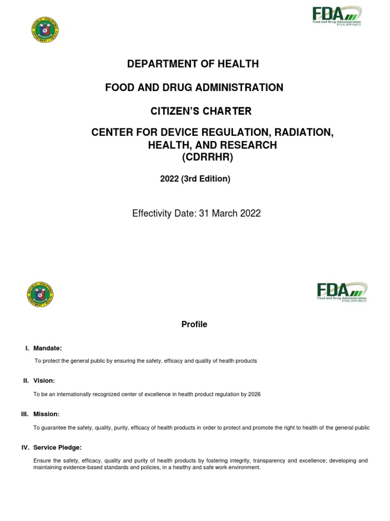 FDA Citizen S Charter CDRRHR CPR 31 March 2022 | PDF | Medical Device ...