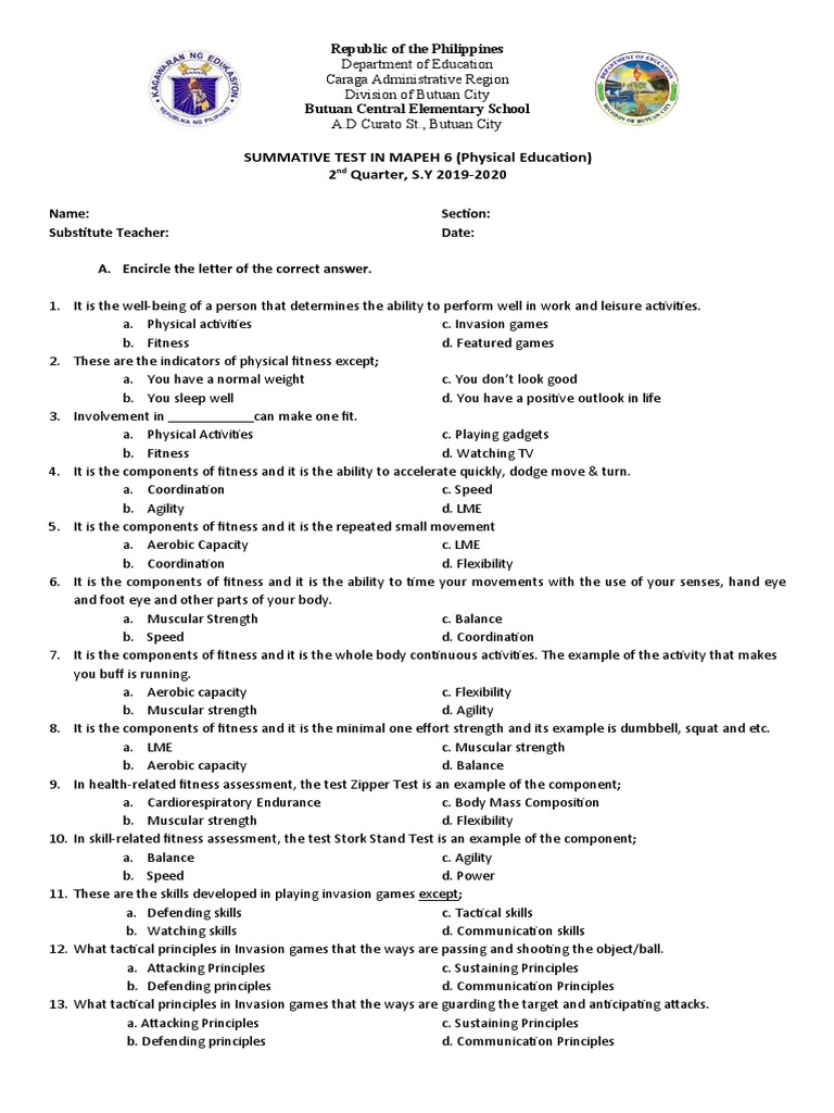 MAPEH 6: 2nd Quarter Summative Test | PDF | Physical Fitness | Physical ...