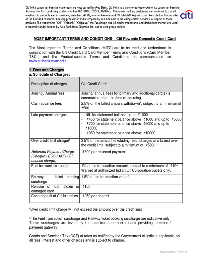 Citi Rewards Domestic MITC Final | PDF | Credit Card | Interest