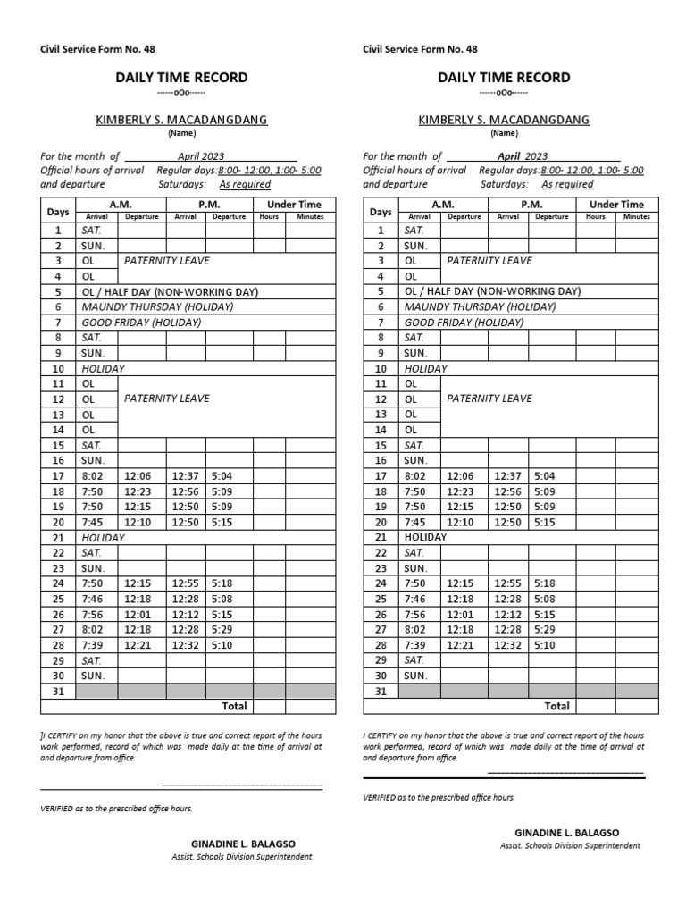 DTR Form | PDF | Observances | Christian Festivals And Holy Days