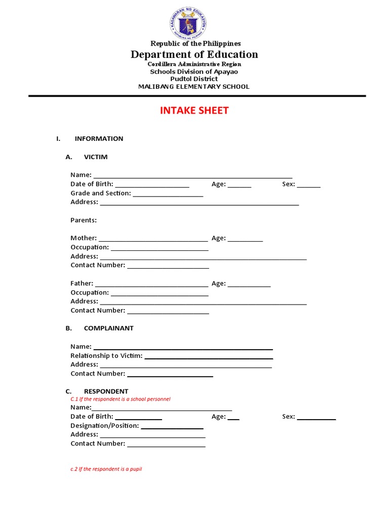 INTAKE SHEET Form | PDF | Social Institutions