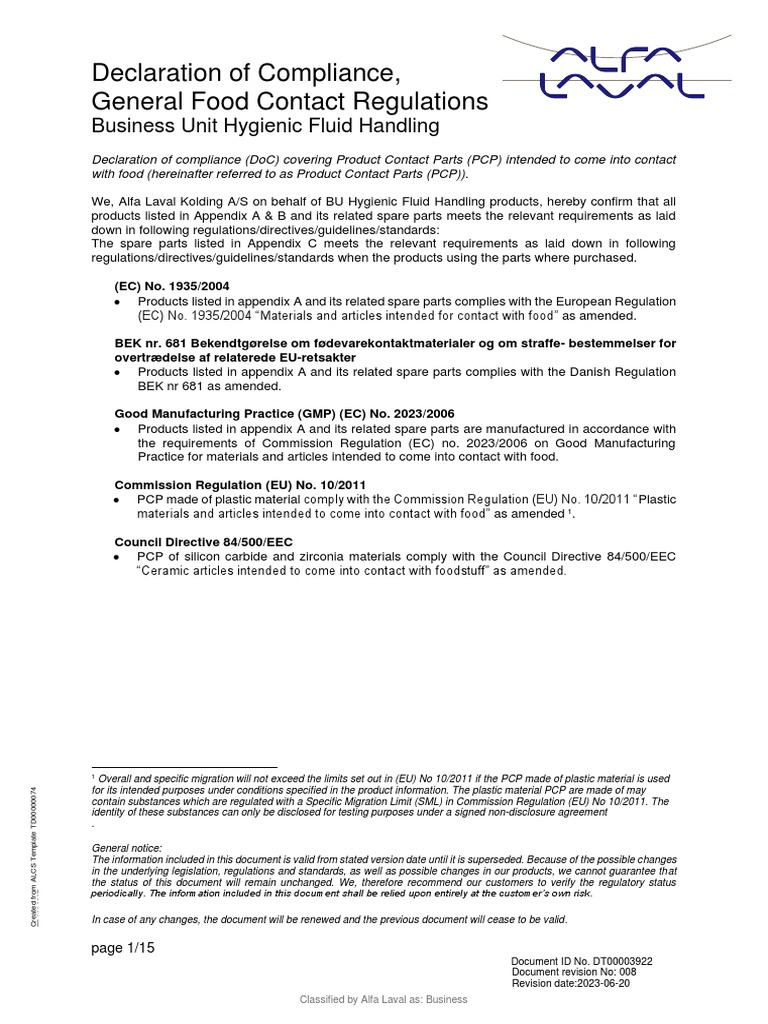 FDA and 1935 2004 DoC General Food Contact Regulations BU HFH Rev 008 ...