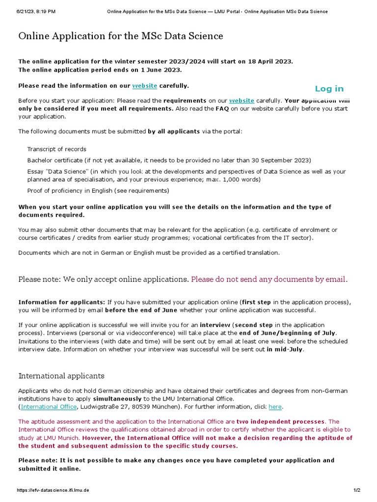 Online Application For The MSC Data Science - LMU Portal | PDF | Master Of Science