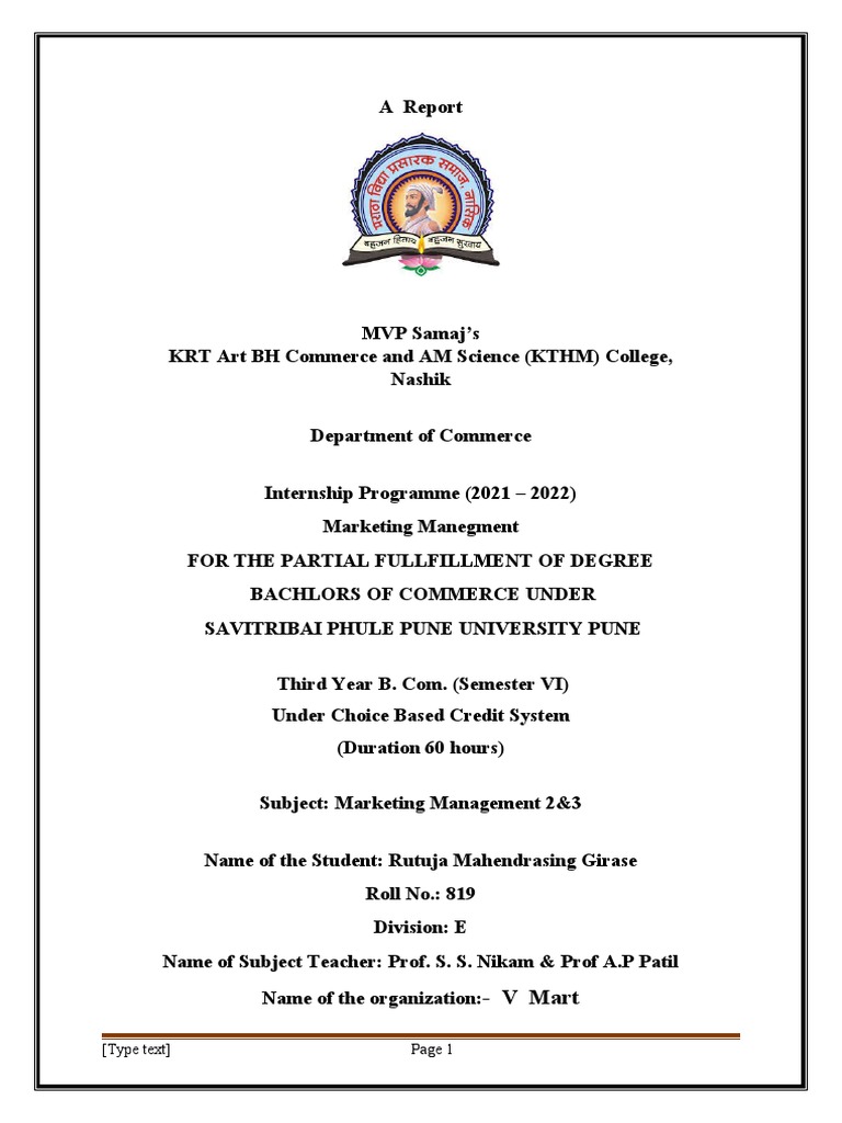 Final KTHM College Internship Ship Report Formate Rutuja | PDF | Marketing | Inventory