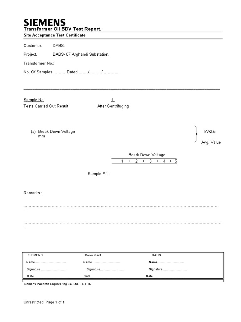Transformer Oil BDV Test Report | PDF