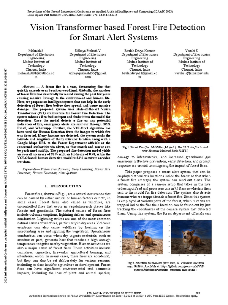 Vision Transformer Based Forest Fire Detection For Smart Alert Systems Pdf Matrix