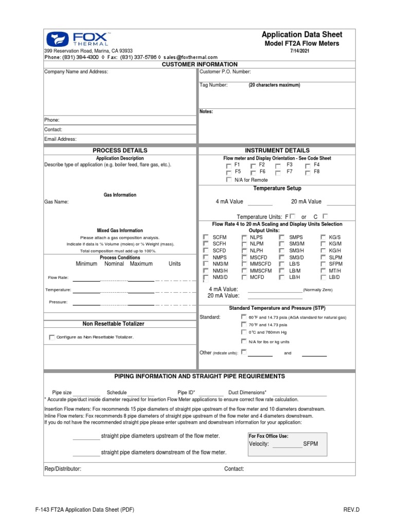 Fox Thermal Application Data Form | PDF | Flow Measurement | Pipe ...
