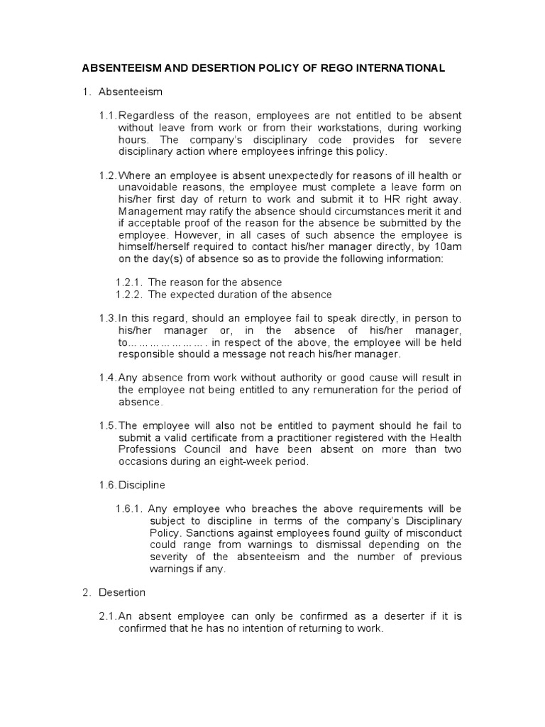 Absenteeism and Desertion Policy | PDF | Employment | Business