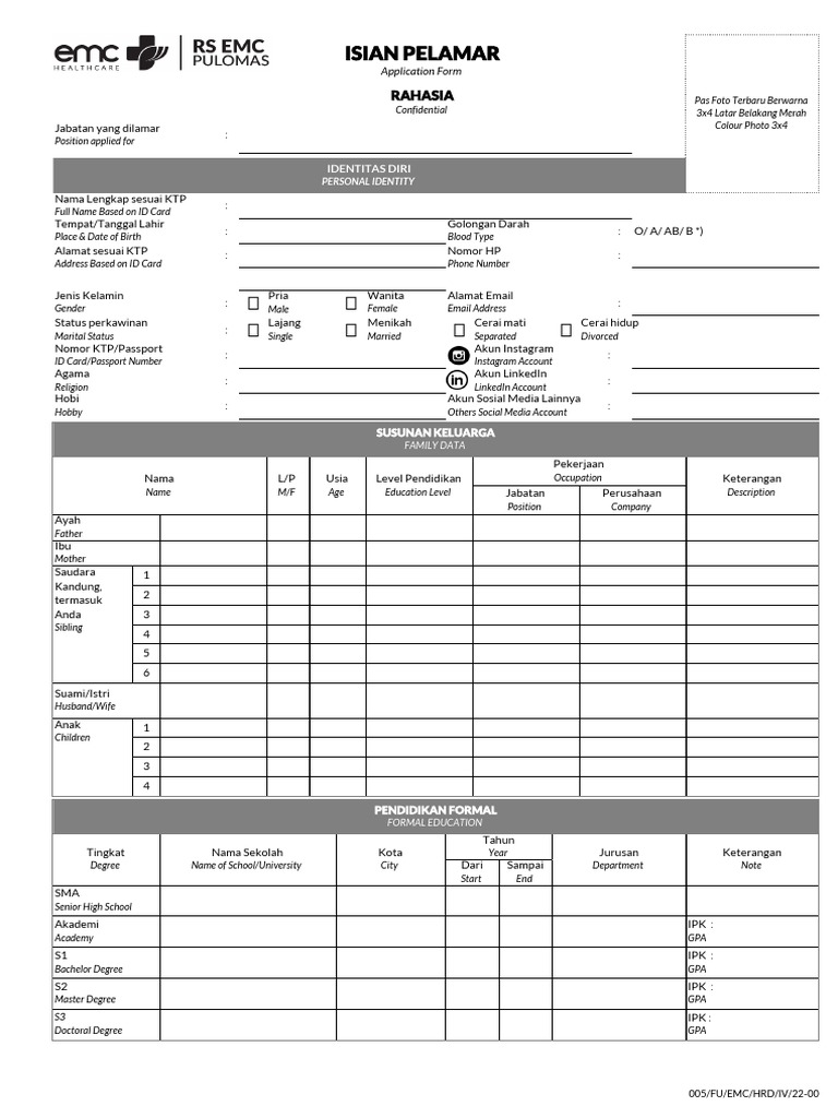 Form Isian Pelamar RS Emc | PDF