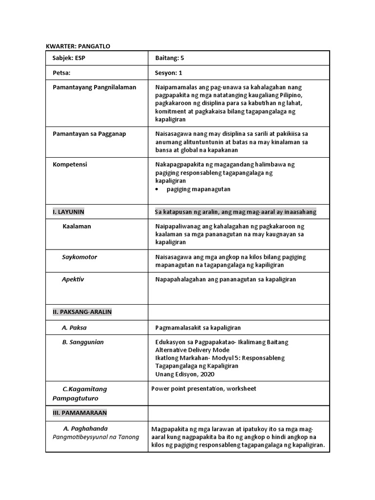 Learning Plan in Esp Grade 5 Ikatlong Markahan | PDF