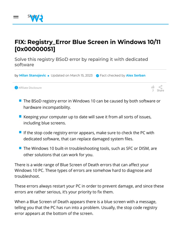 FIX - Registry - Error Blue Screen in Windows 10 - 11 | Download Free PDF | Windows 10 | Windows ...