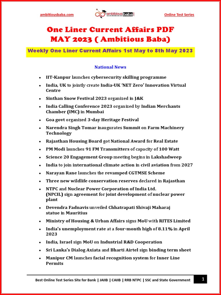 One Liners PDF May 2023 Ambitious Baba | PDF | Narendra Modi