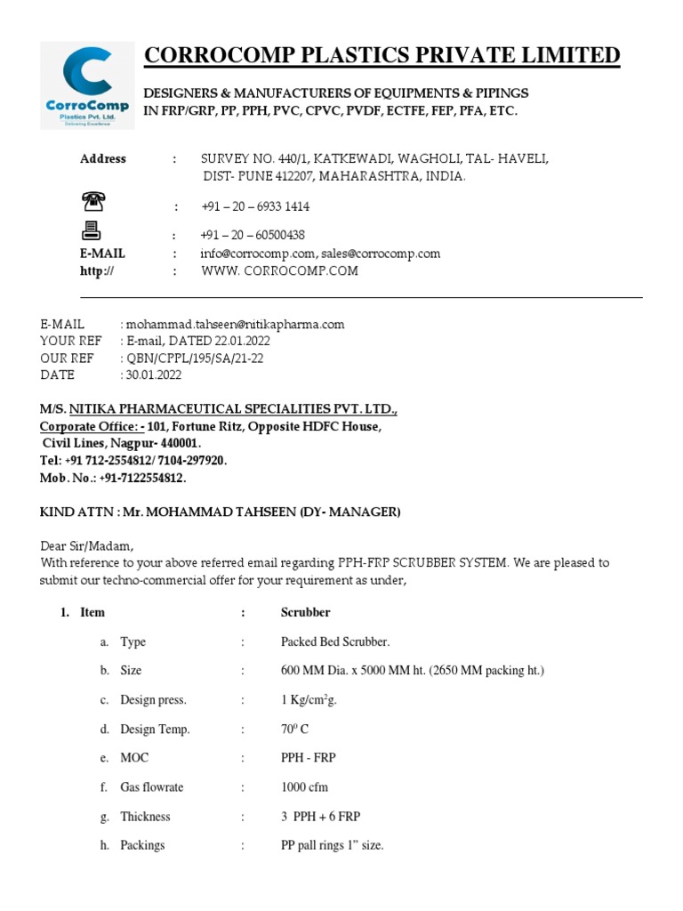 PPH-FRP Scrubber System Proposal | PDF | Civil Engineering | Equipment