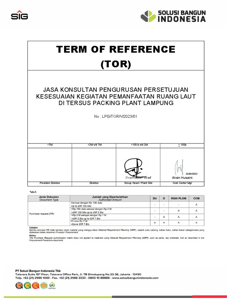 TOR Jasa Konsultan Pengurusan PKKPRL - PP LPG - 2023 | PDF
