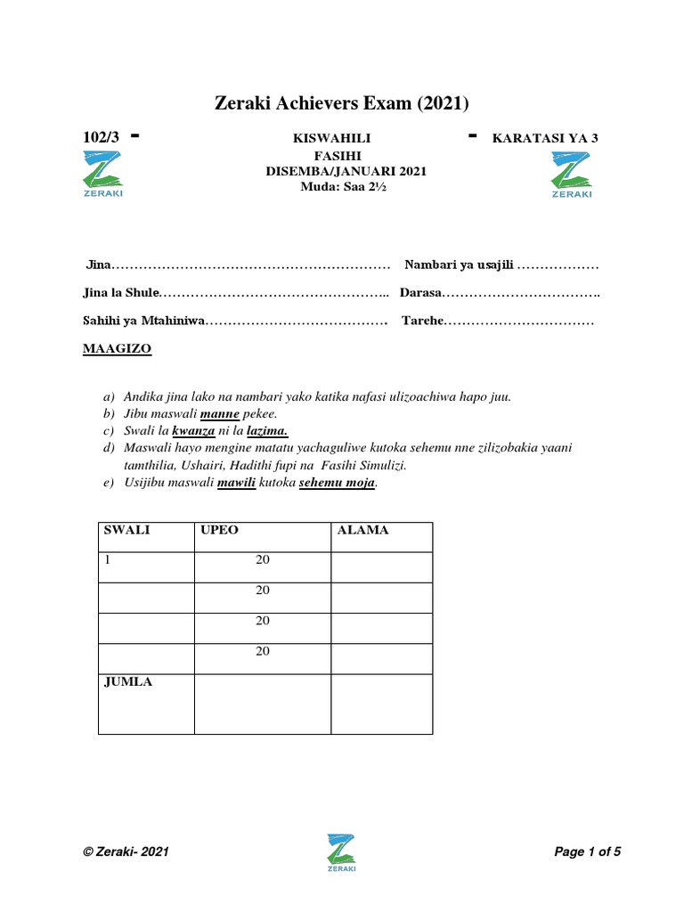 Kiswahili - Kiswahili Form 3 Paper 3 - Zeraki Achievers 1.0 - Question ...
