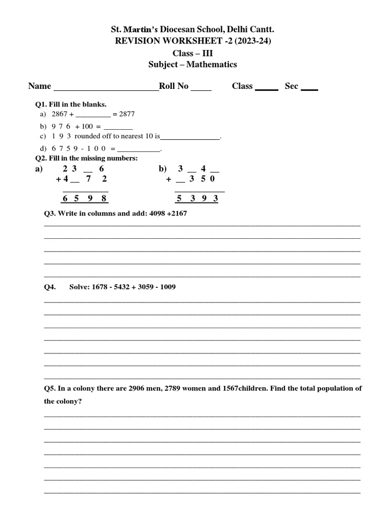 Class III Math Revision Worksheet 2023-24 | PDF