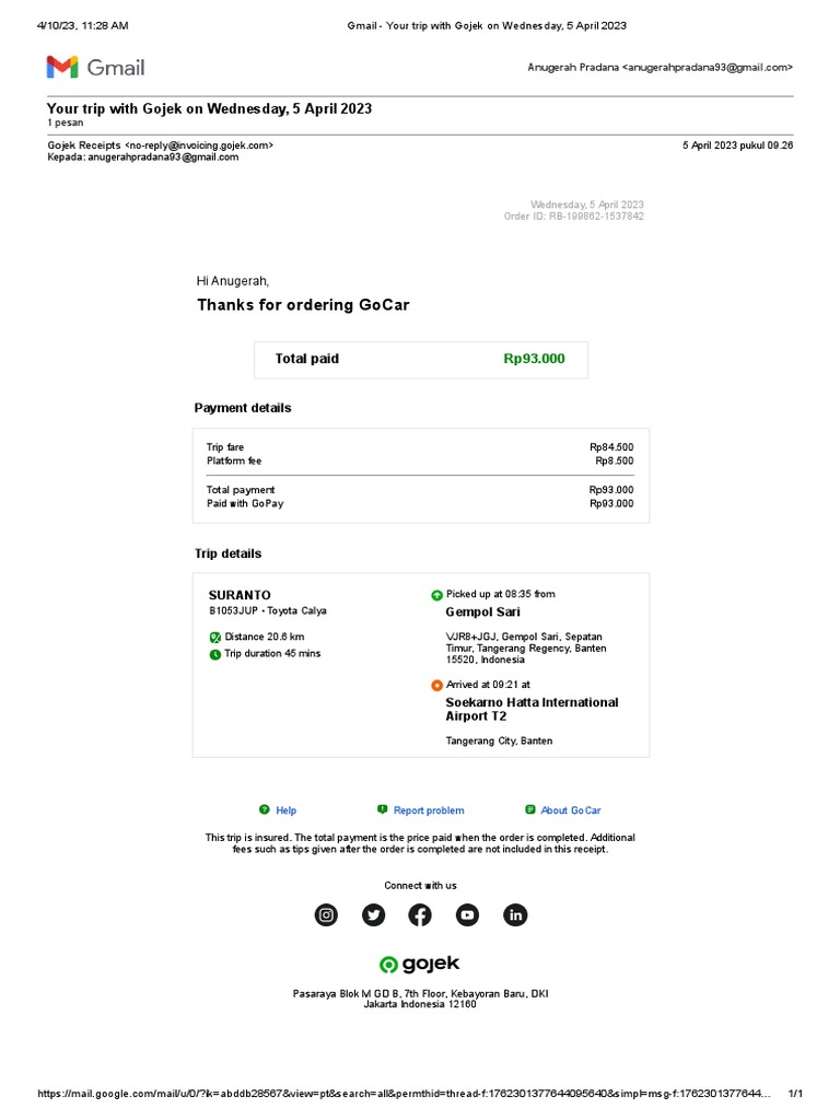 Gojek Trip Receipt for Anugerah | PDF