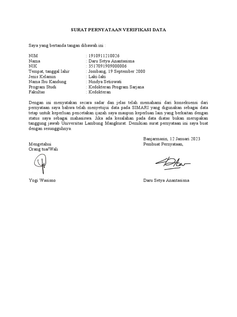 Surat Pernyataan Verifikasi Data | PDF
