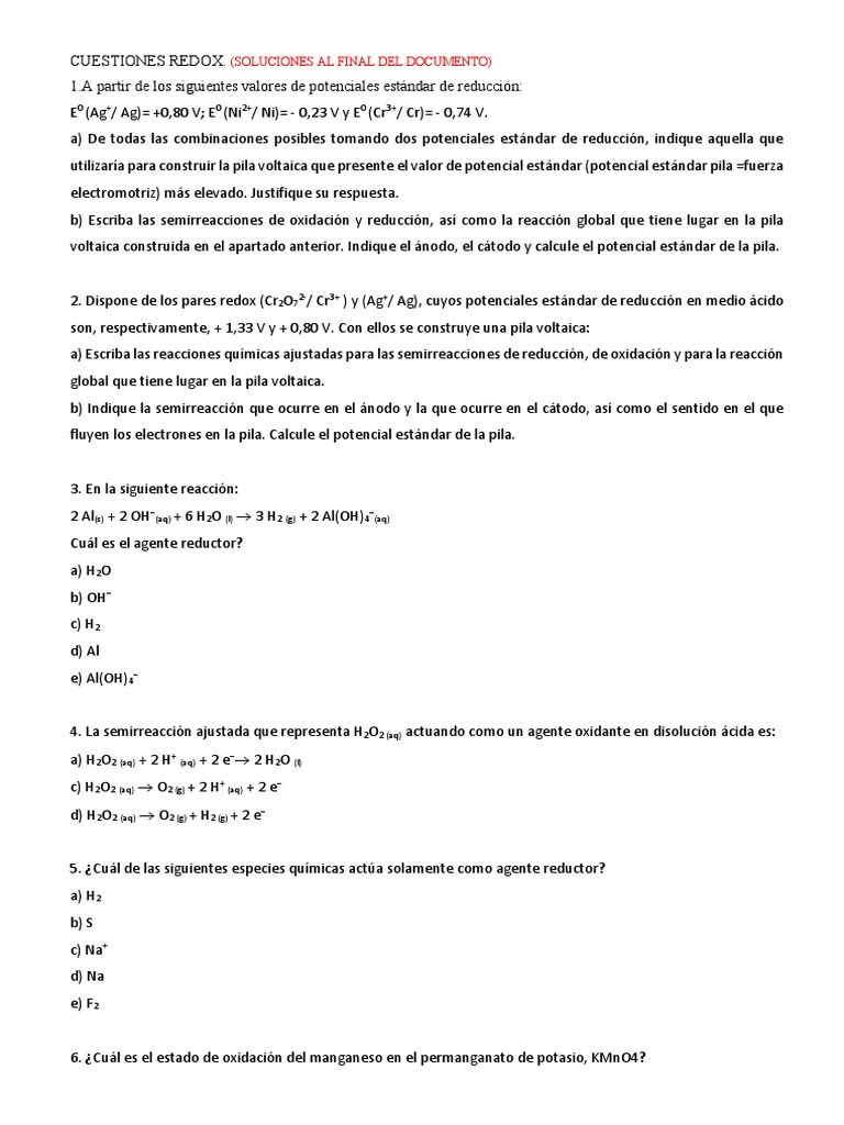 Cuestiones Redox | PDF | Redox | Física Aplicada e Interdisciplinaria