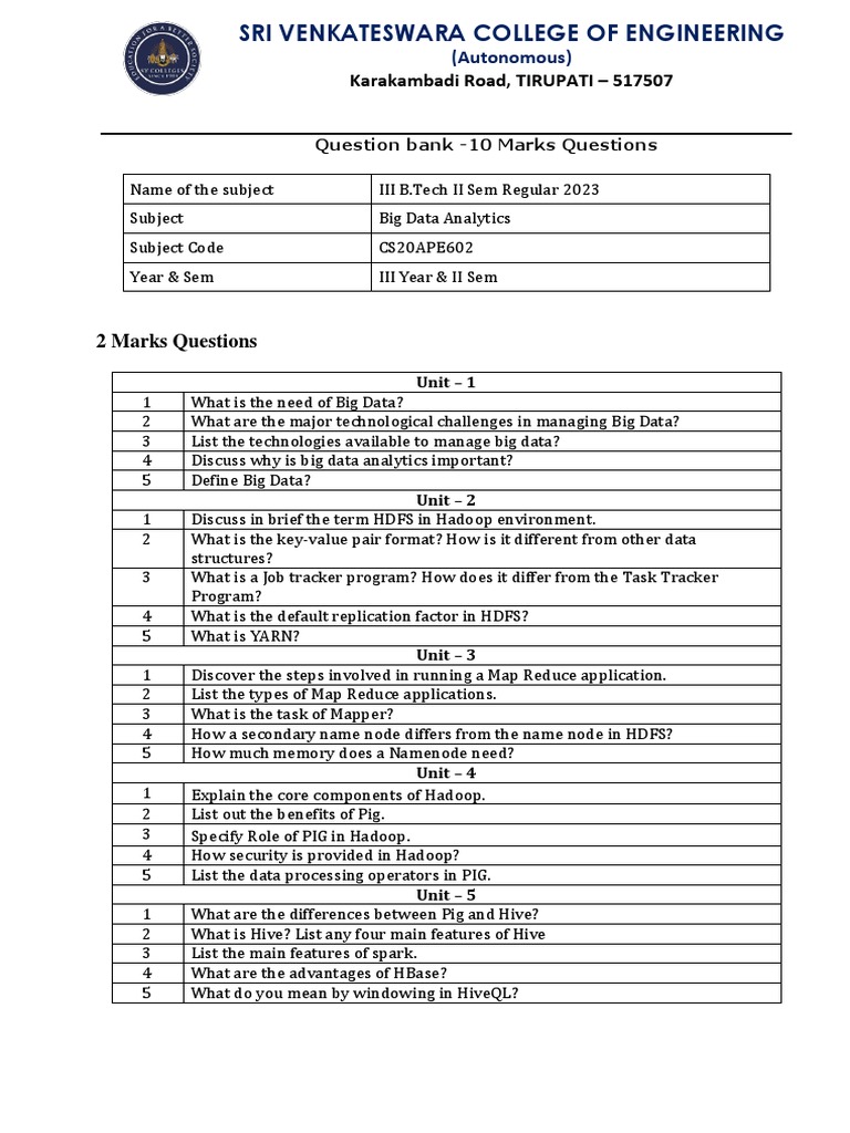 III-II Big Data Analytics Question Bank | PDF | Apache Hadoop | Map Reduce