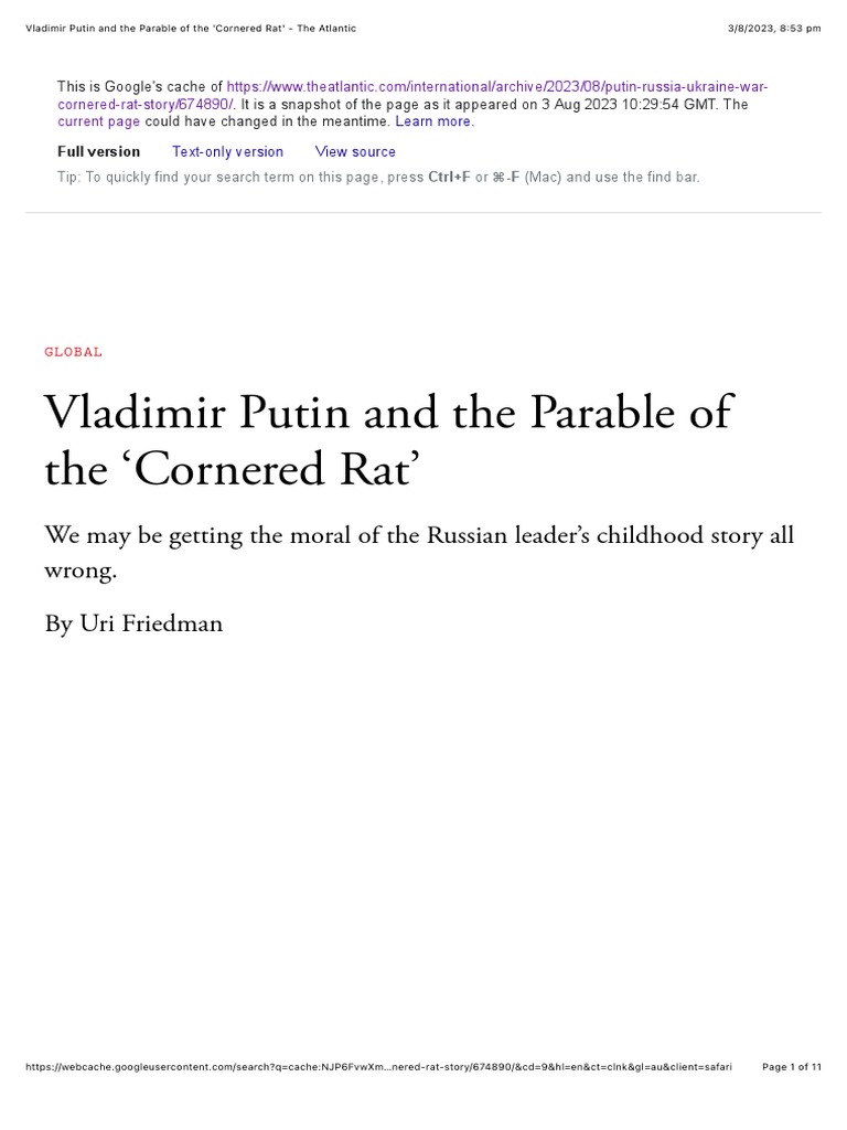 Putin's 'Cornered Rat' Parable Explained | PDF | Vladimir Putin | World ...