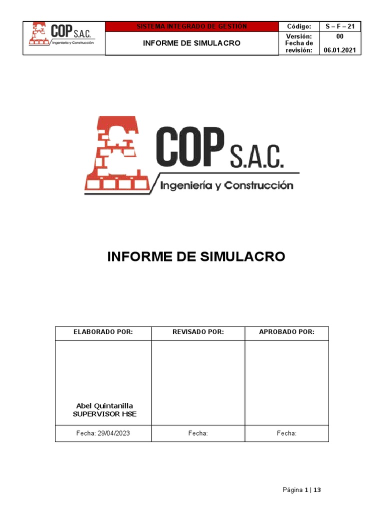 S-F-21 Formato Informe de Simulacro | Descargar gratis PDF | Simulación