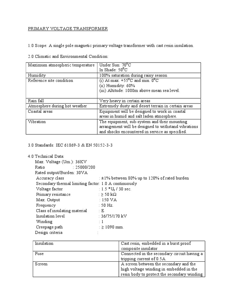 Primary Voltage Transformer Specifications | PDF | Transformer ...