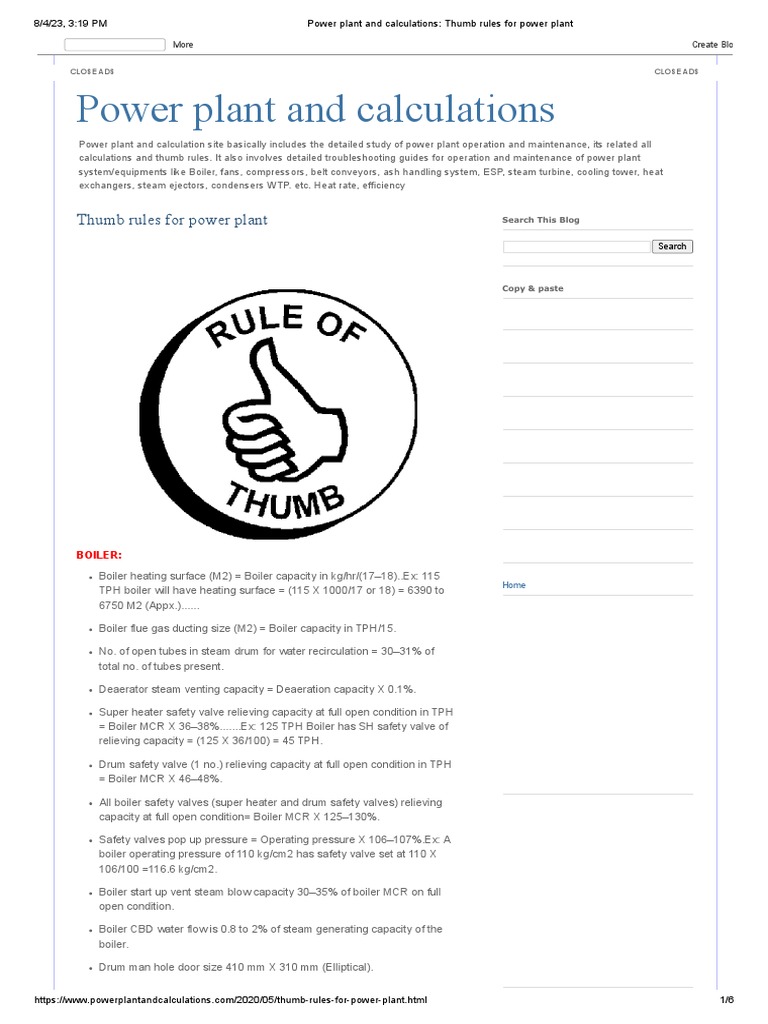 Power Plant Thumb Rules and Calculations | PDF | Boiler | Pump