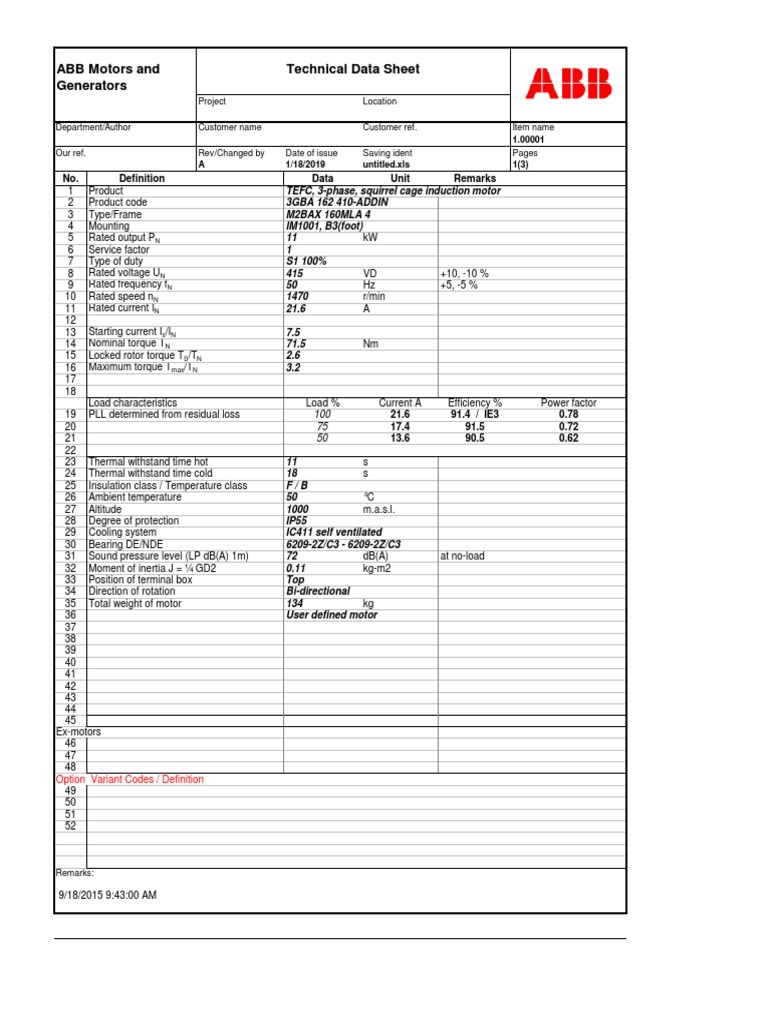 ABB Motors and Technical Data Sheet Generators: No. Data Unit Remarks ...