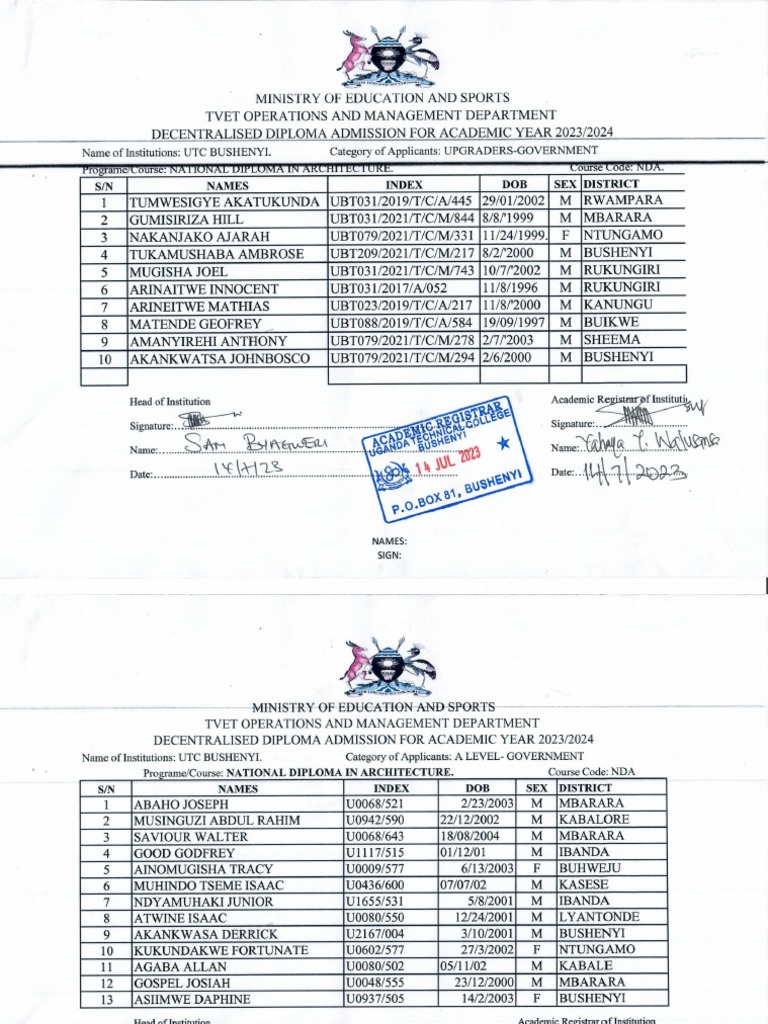 Government Admissions Utc Bushenyi 2023-2024 | PDF